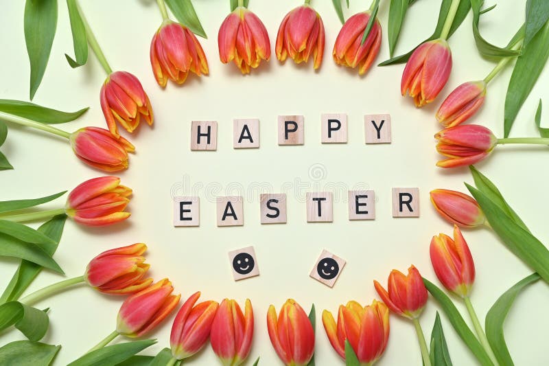 Happy Easter Inscription and Fresh Spring Tulips Around Stock Photo ...