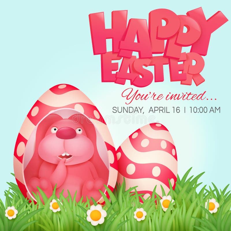 Happy Easter Invitation Card with Pink Bunny Inside Egg Stock ...