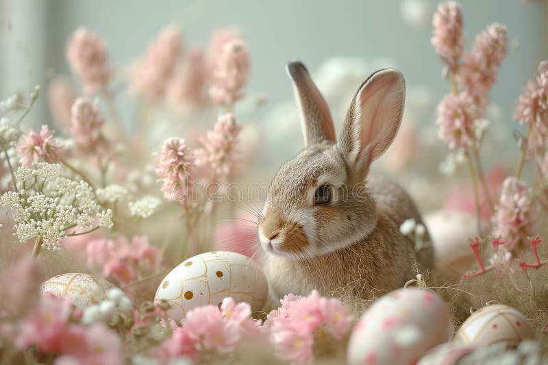 Happy Easter Irise Eggs Daffodil Basket. White Reflection Bunny ...
