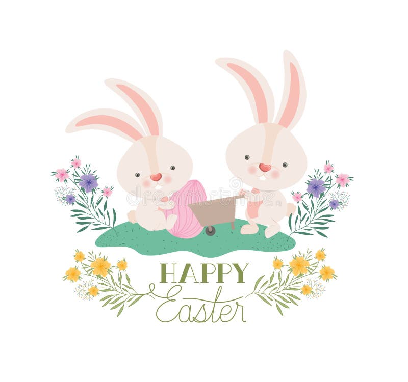 Easter Greeting Card. Cute Rabbits with Easter Flowers Hand Draw ...