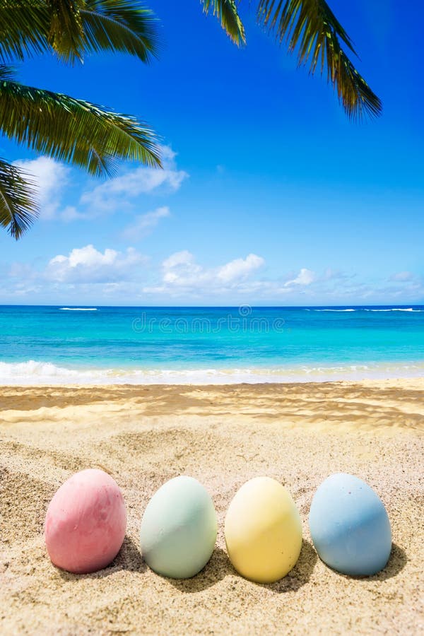 Happy Easter Lettering Background with Eggs on the Sandy Beach Stock ...