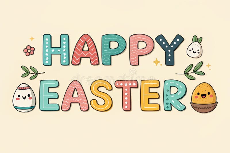 Happy Easter Lettering 2d Bold Outlines Simple Design Flat Colors Cute ...