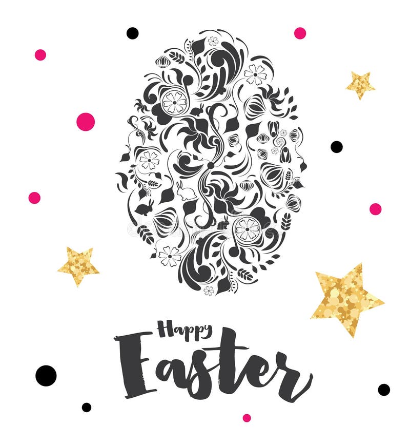 Happy Easter Lettering with Egg and Golden Stars. Stock Vector ...