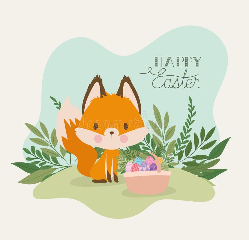 Happy Easter Lettering with One Cute Fox and One Basket Full of Easter ...