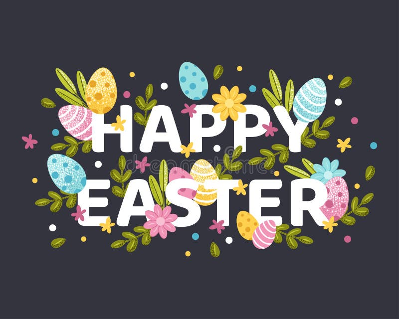 Happy Easter Letters in Flowers, Painted Eggs Stock Vector ...