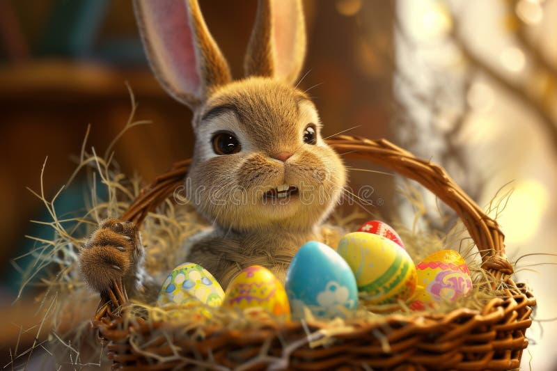 Happy Easter Lilac Eggs Bonnet Basket. White Romantic Bunny Labeled ...