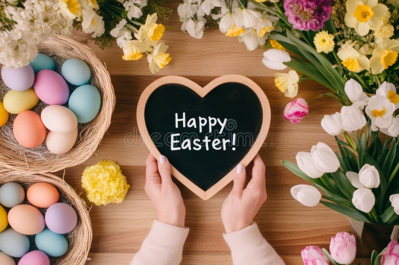 Happy Easter Message with Colorful Eggs and Spring Flowers Arranged on ...