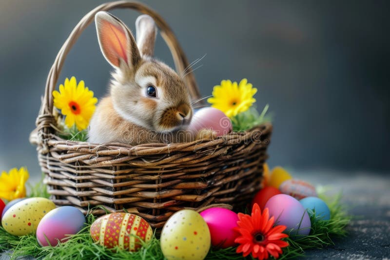 Happy Easter Message Eggs Blossom Basket. White Ascension Bunny ...
