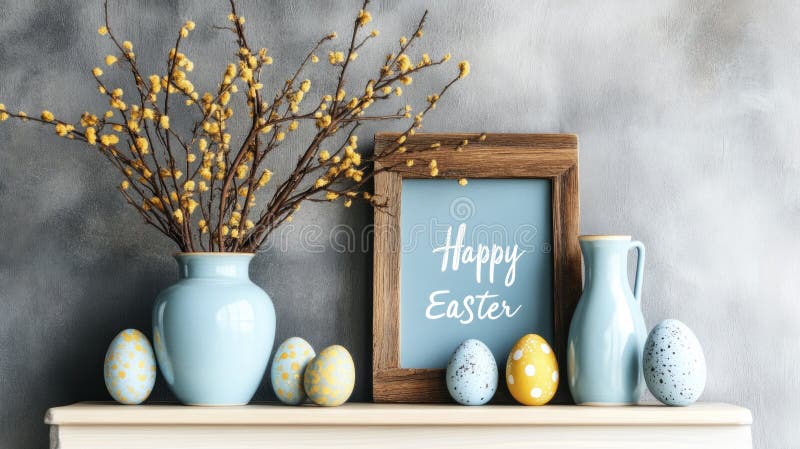 Happy Easter Message, Easter Eggs, Spring Branches on Mantelpiec ...
