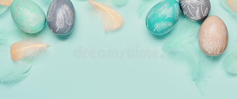 Happy Easter Minimal Banner. Easter Eggs and Feathers on Turquoise ...