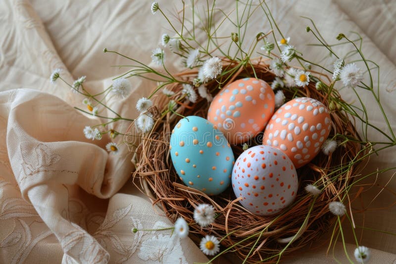 Happy Easter Mint Eggs Outdoors Basket. White Flower Cluster Bunny Game ...