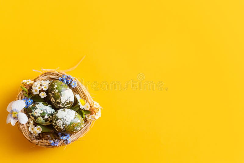 Happy Easter! Modern Dyed Eggs in Nest and Spring Blossom Flat Lay with ...