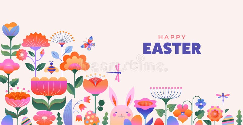 Happy Easter, Modern Flat Design with Flowers, Eggs and Bunnies, Pastel ...