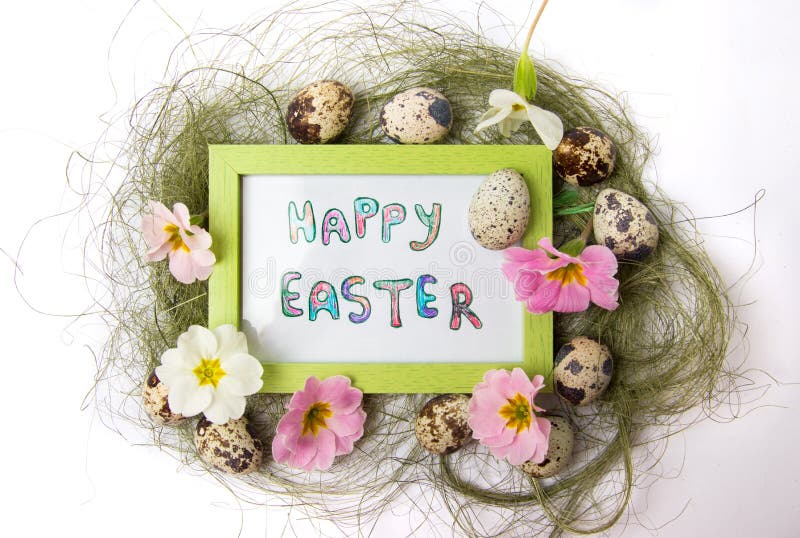 Happy Easter Note in a Frame with Quail Eggs Stock Photo - Image of ...