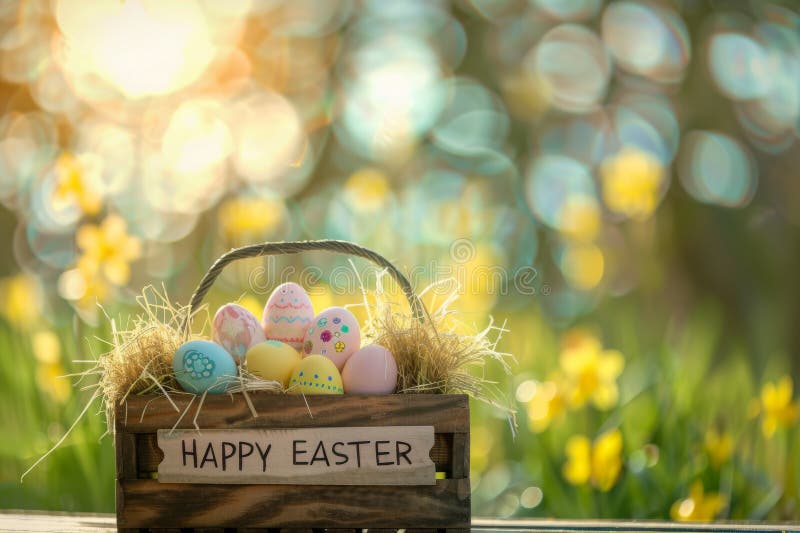 Happy Easter Orange Burst Eggs Pastel Light Blue Basket. White Hatching ...