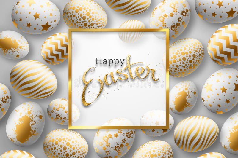 Happy Easter, Painted Easter Eggs on a White Background. White Gold ...