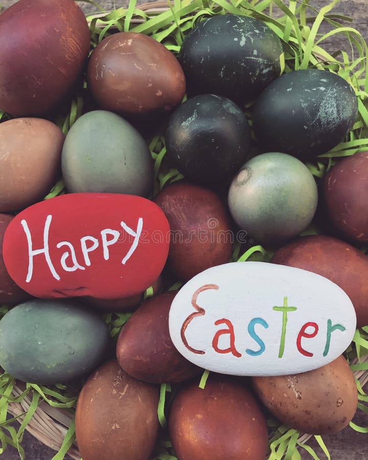Happy Easter with Green Colored Stones Over Green Sand Stock Photo ...
