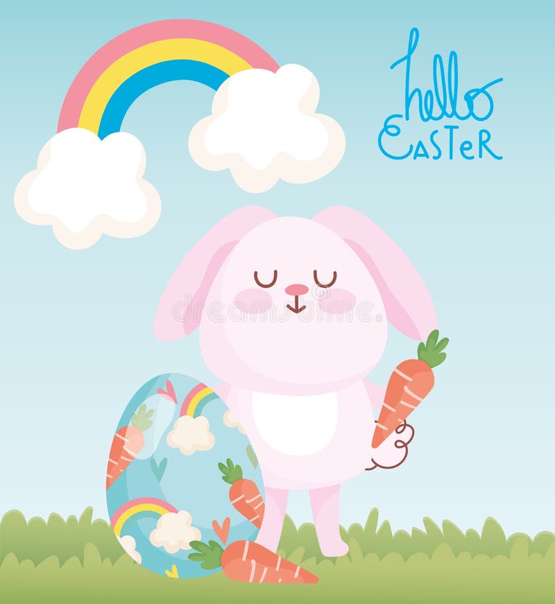 Happy Easter Pink Rabbit with Carrots and Painted Eggs Rainbow ...
