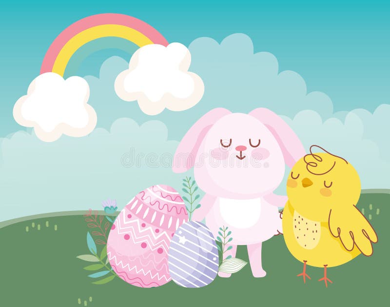 Happy Easter Pink Rabbit Chicken Eggs Rainbow Decoration Stock Vector ...