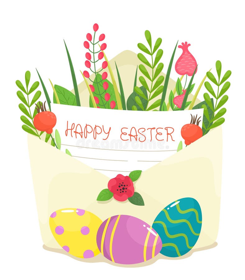 Happy Easter. Postcard in an Envelope with Herbs, Decor. Vector ...