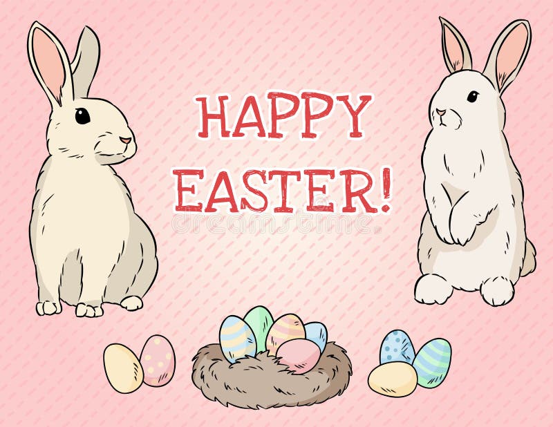 Happy Easter Postcard. Two Easter Rabbits and Easter Eggs Stock Vector ...
