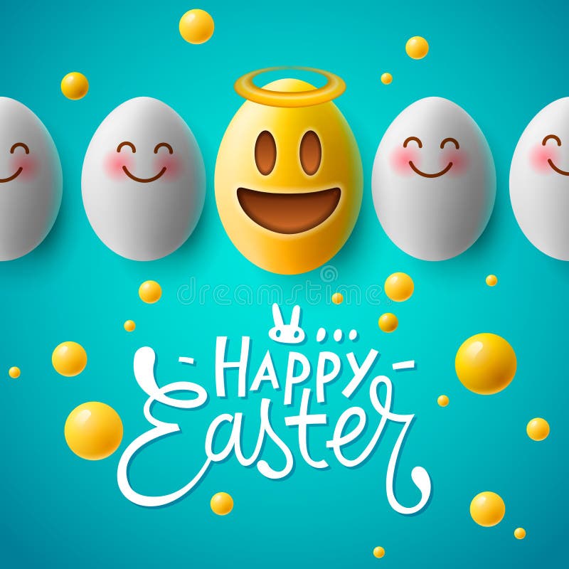 Happy Easter Poster, Easter Eggs with Cute Smiling Emoji Faces, Vector ...