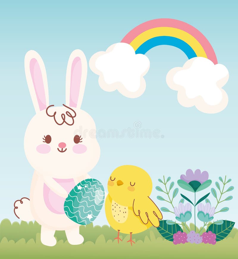 Happy Easter Rabbit with Egg Chicken Rainbow Field Flowers Stock Vector ...