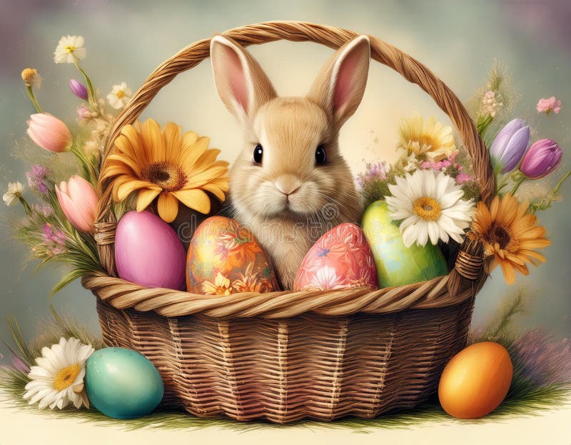 Happy Easter. Rabbit in a Wicker Basket with Spring Flowers and Colored ...