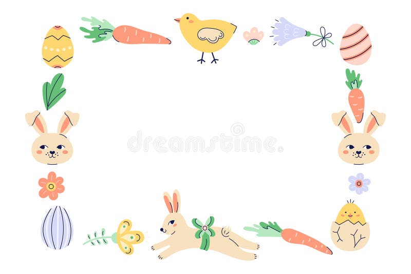 Happy Easter Rectangle Frame with Bunnies, Chickens and Eggs. Happy ...