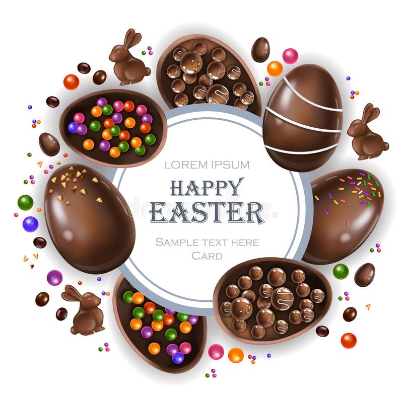 Happy Easter Round Card with Chocolate Bunny and Eggs. Vector 3d ...