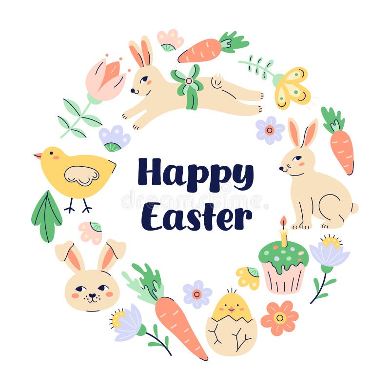 Happy Easter Round Frame with Bunnies, Chickens and Eggs. Happy Easter ...