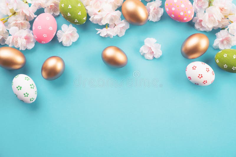 Happy Easter! Row Easter Eggs on Green Pastel Background Stock Image ...