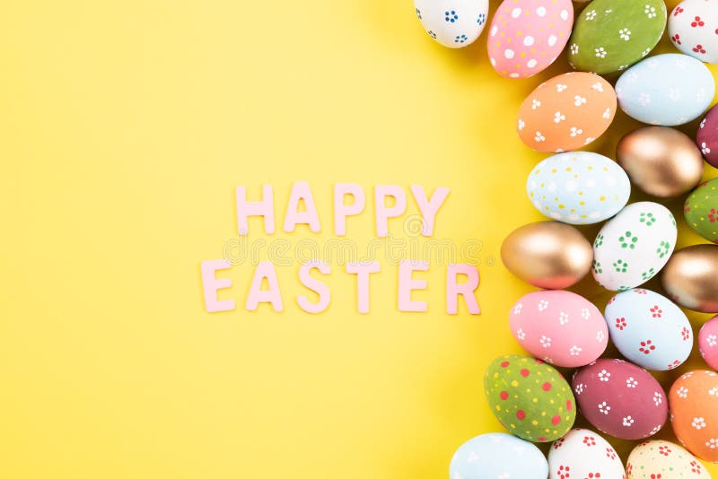 Happy Easter! Row Easter Eggs on Green Pastel Background Stock Image ...
