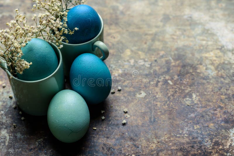 Happy Easter Rustic Concept. DIY Dyed Various Shades of Blue Easter ...