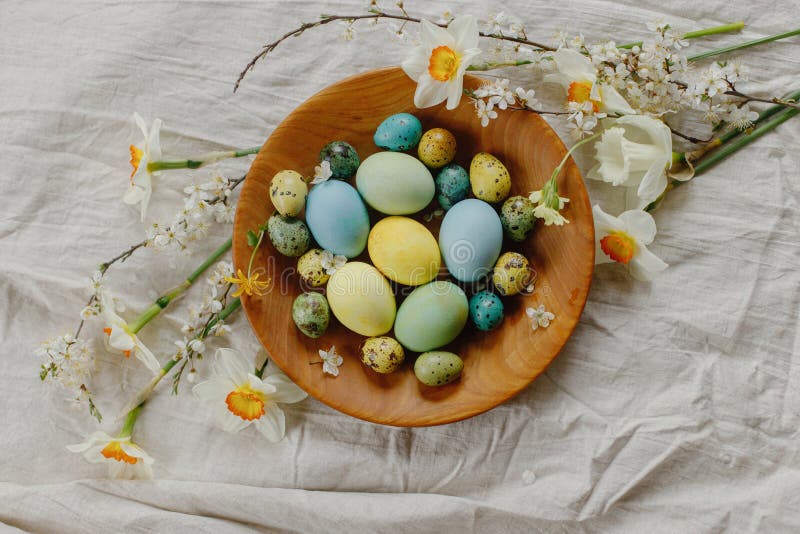 Happy Easter! Rustic Easter Flat Lay. Stylish Easter Eggs and Blooming ...