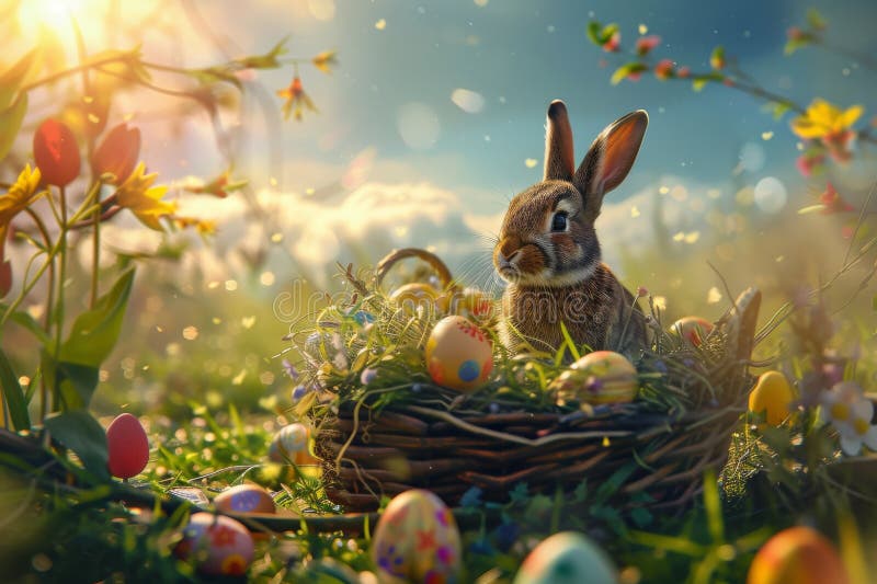 Happy Easter Rustic Eggs Sweets Basket. White Orange Marmalade Bunny ...