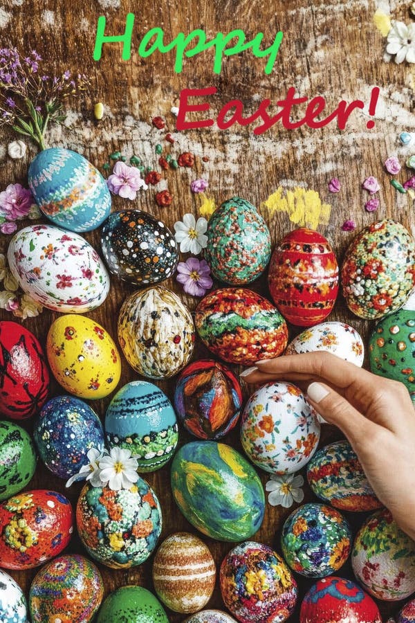 Happy Easter Rustic Greeting with Vivid Decorated Eggs and Hand ...