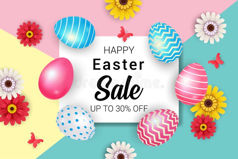 Happy Easter Sale Banner with Colored Eggs and Flower Concept Design ...
