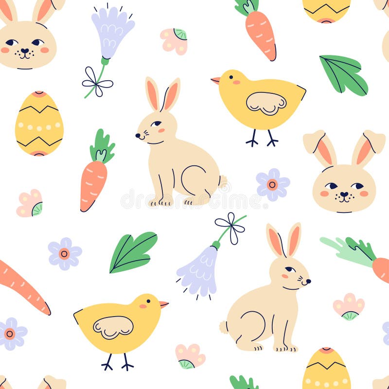 Happy Easter Seamless Pattern with Bunny, Chick and Flowers on White Background. Happy Easter ...