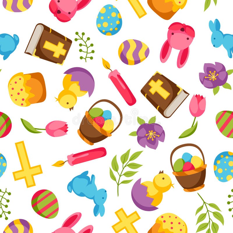Happy Easter Seamless Pattern with Decorative Objects, Eggs and Bunnies ...