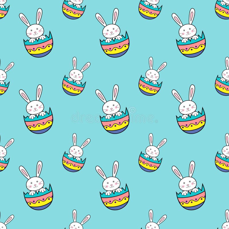 Happy Easter Seamless Pattern with Rabbit in Egg Shell on Blue ...