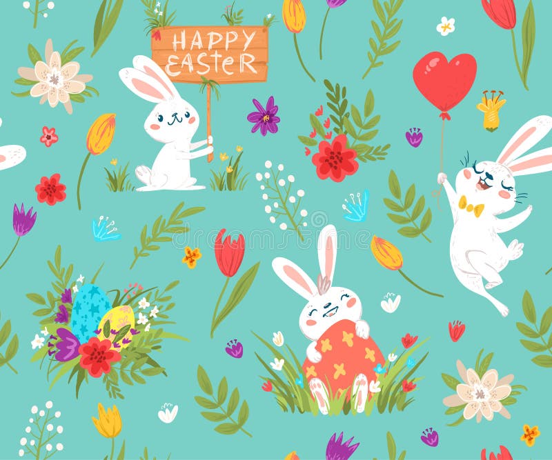 Happy Easter Seamless Pattern with Various Rabbits Stock Vector ...