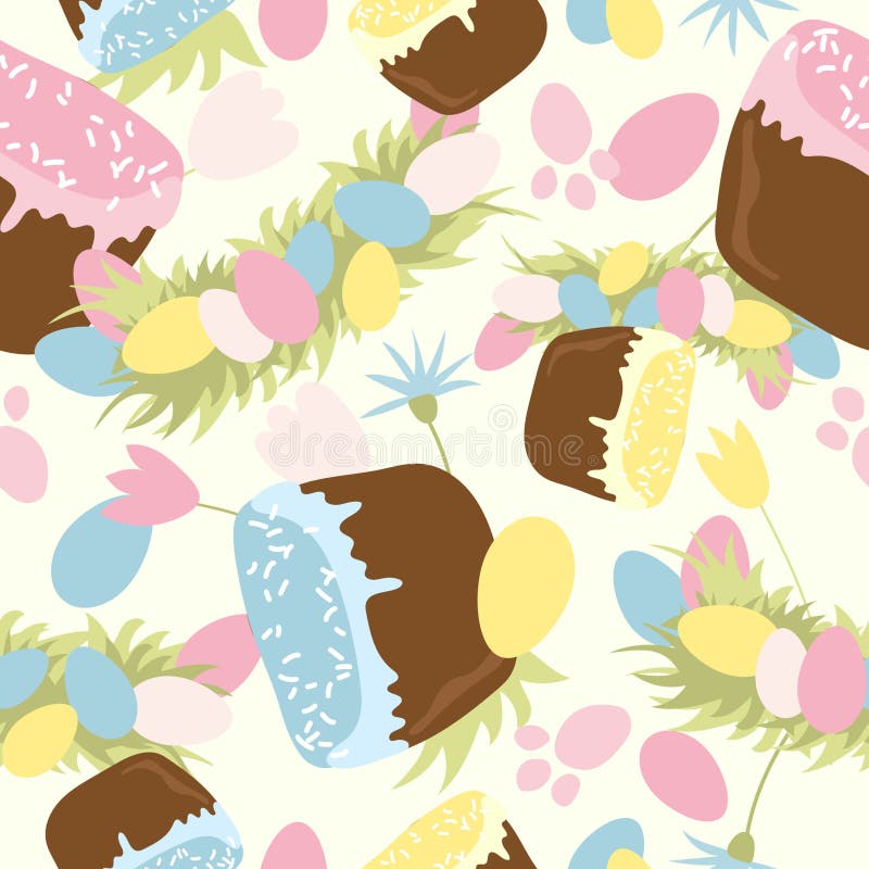 Happy Easter Seamless Pattern Wallpaper. Easter Cake, Coloured Eggs and ...