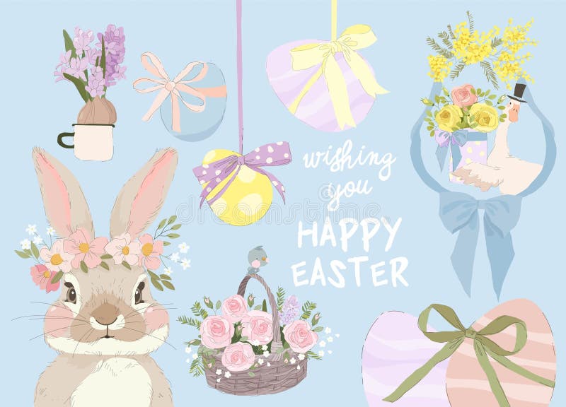Happy Easter Set with Cute Bunny and Easter Elements Stock Illustration - Illustration of rabbit ...