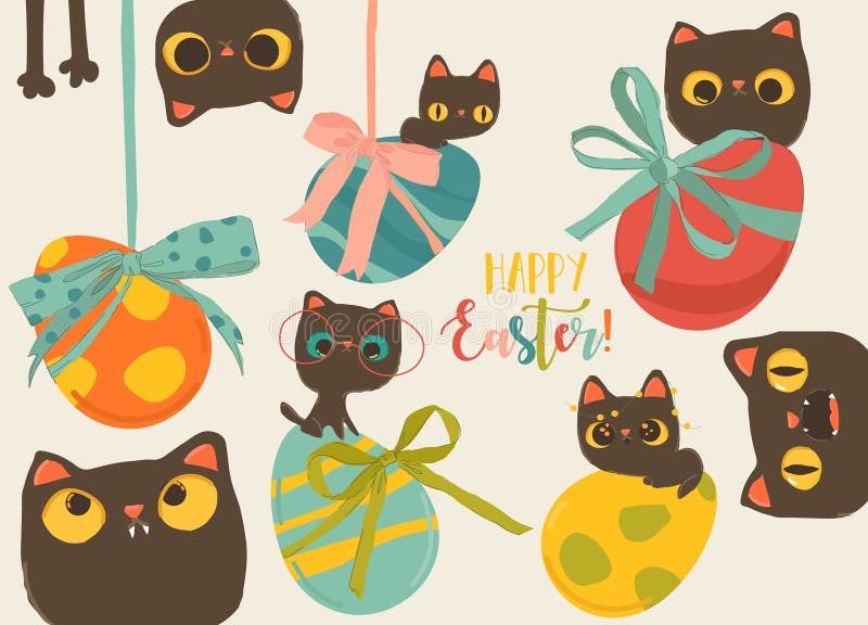 Happy Easter Set with Cute Cats and Easter Eggs Stock Illustration - Illustration of card, child ...