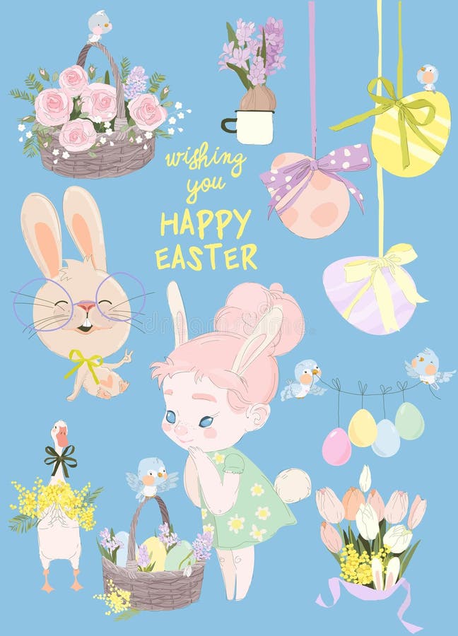 Happy Easter Set with Cute Girl-Bunny and Easter Elements Stock Illustration - Illustration of ...