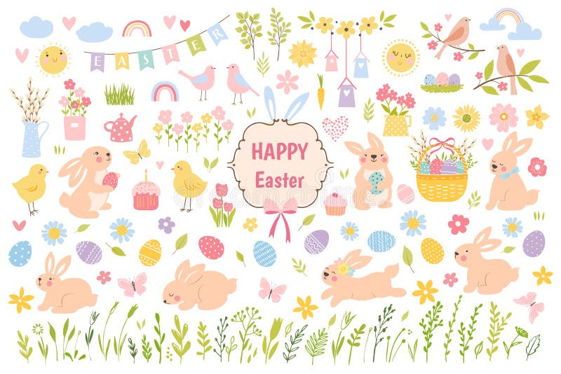 Happy Easter. Set of Hand Drawn Easter Design Elements Stock Vector ...