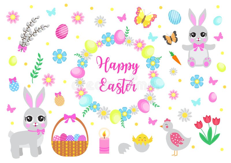 Happy Easter Set Objects, Design Elements. Spring Collection with Cute Bunnies, Flowers and ...