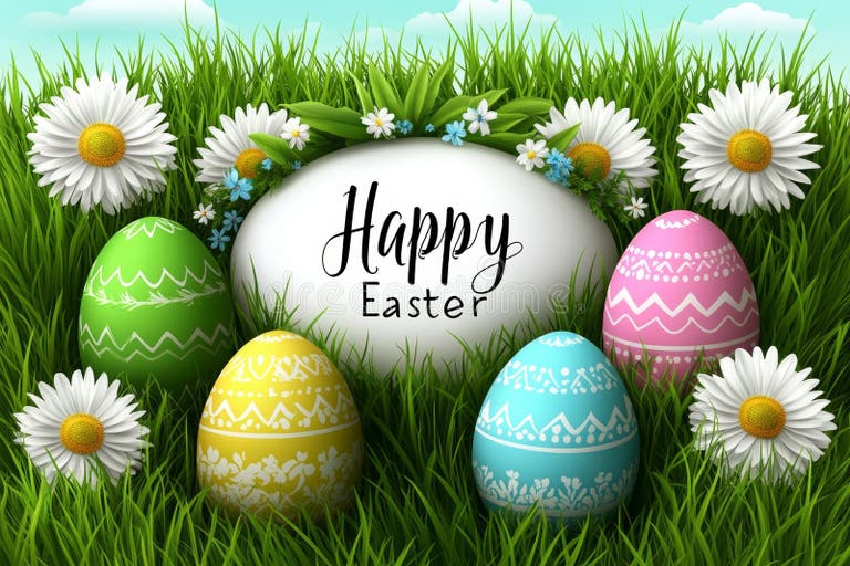 Happy Easter Setting with a Note, Easter Eggs, and a Natural Landscape ...