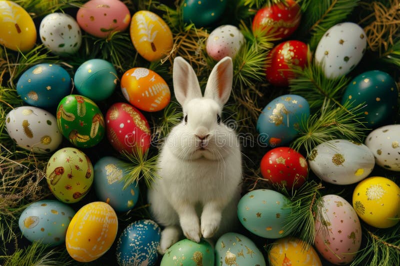 Happy Easter Sharing Blessing Eggs Peeps Basket. White Azure Bunny Palm ...